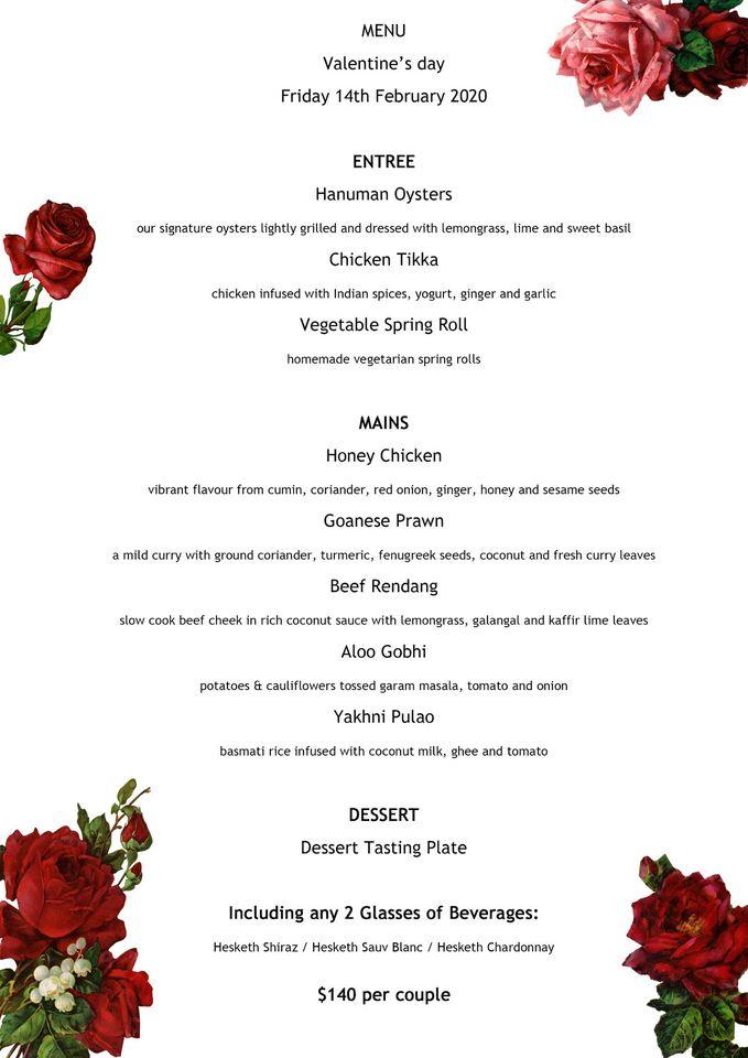 Menu at Hanuman restaurant, Alice Springs, 82 Barrett Dr