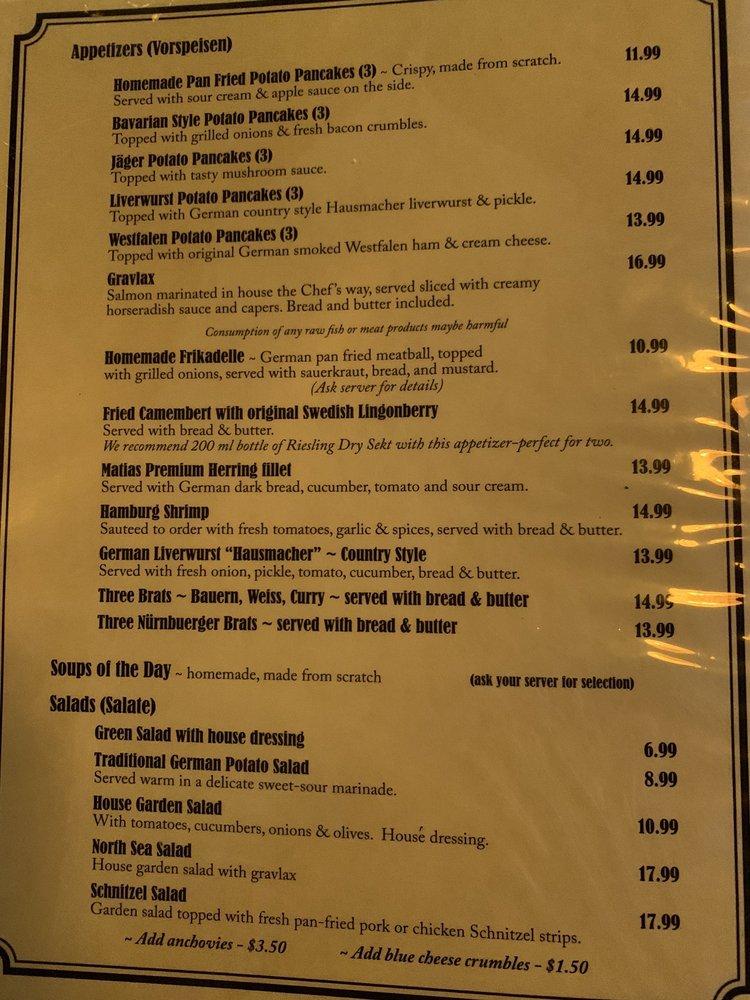 Menu at Heinrich's German Grill pub & bar, Sarasota