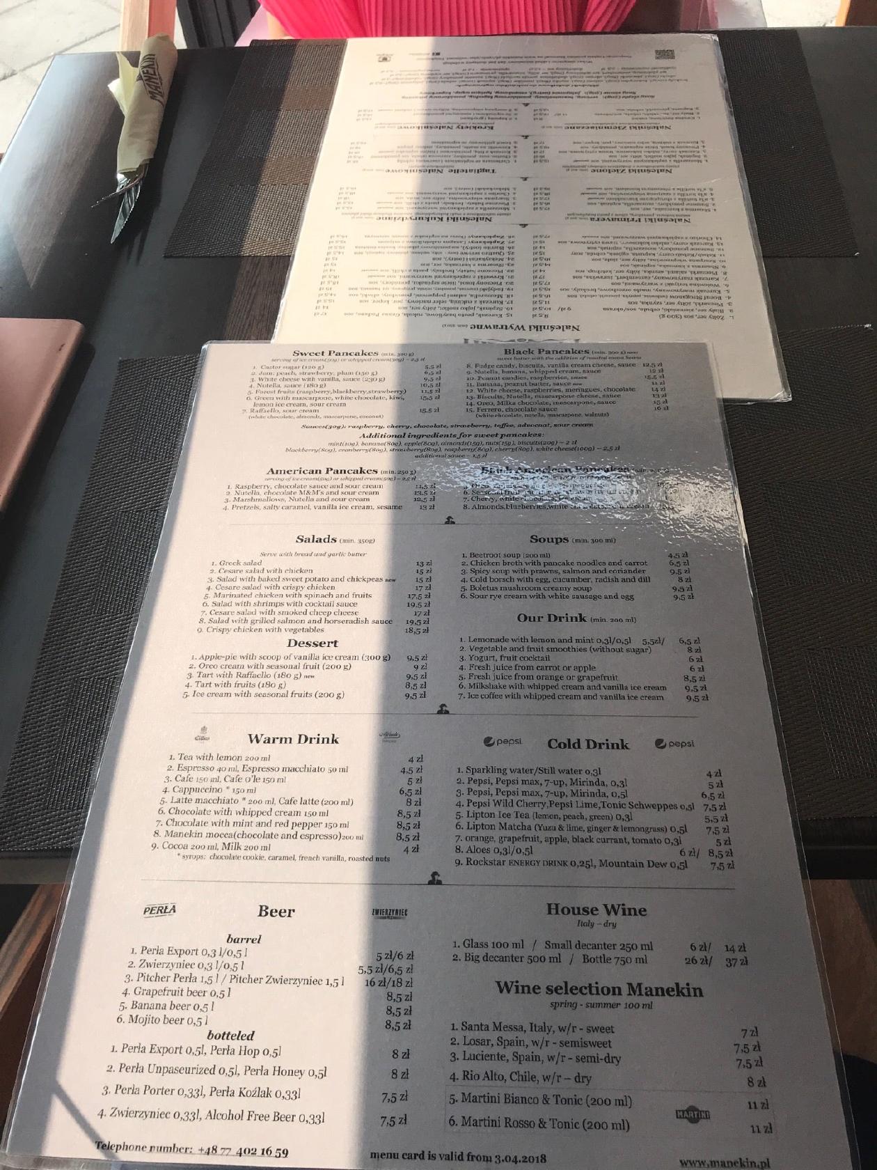 Menu at Manekin restaurant, Opole