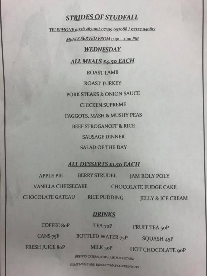 Menu at Strides Of Studfall restaurant, Corby