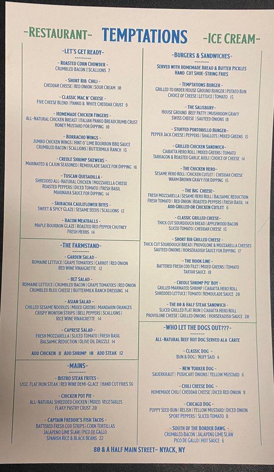 Menu at Temptations Cafe, Nyack