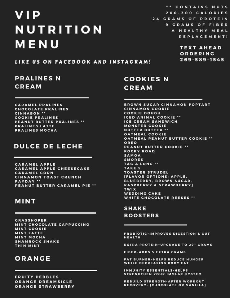 Menu at VIP Nutrition pub & bar, Marshall