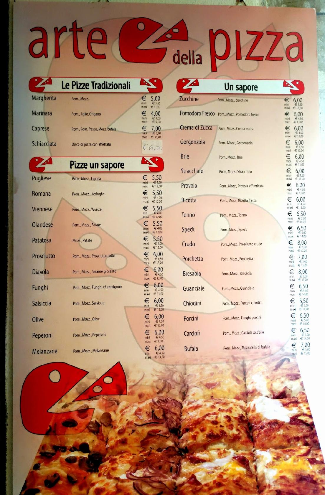 Menu da Arte Della Pizza pizzeria, Venezia, Calle de l’Aseo