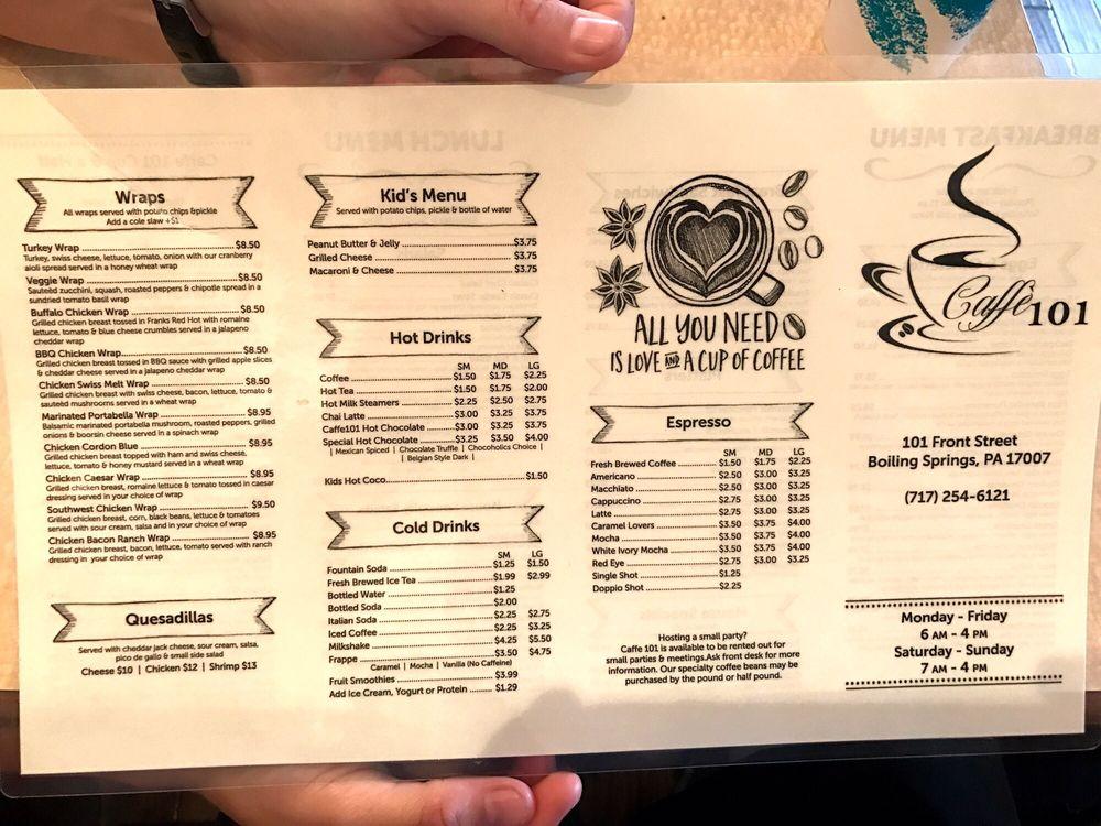 Menu at Caffe 101 cafe, Boiling Springs, 101 Front St