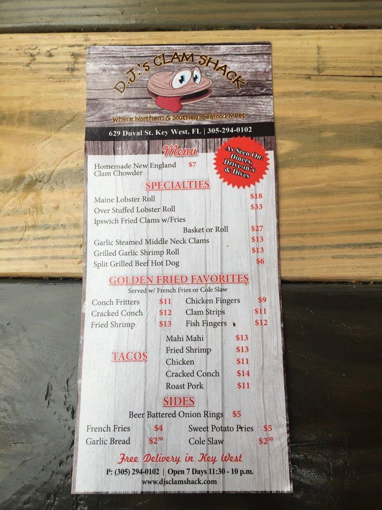Menu at DJ's Clam Shack restaurant, Key West