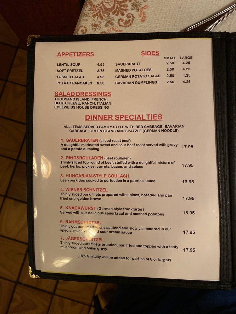 Menu at Edelweiss German Restaurant, Greenville