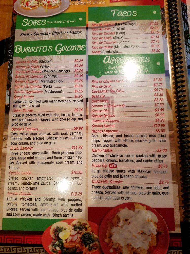 Menu at El Sol Mexican Cuisine restaurant, Solon, 240 E Main St