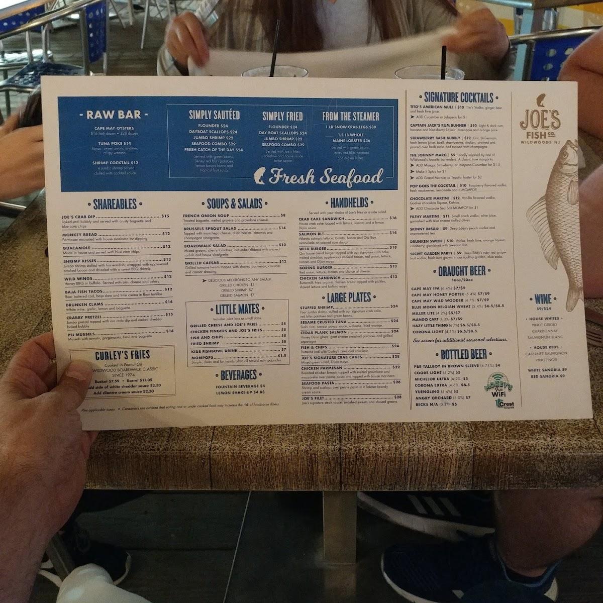 Menu at Joe's Fish Co. restaurant, Wildwood, Boardwalk