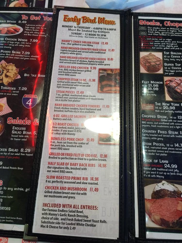 Menu at Manny's Original Chophouse steakhouse, Bay Lake