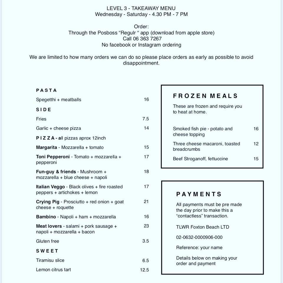 Menu at The Little White Rabbit cafe, Foxton Beach