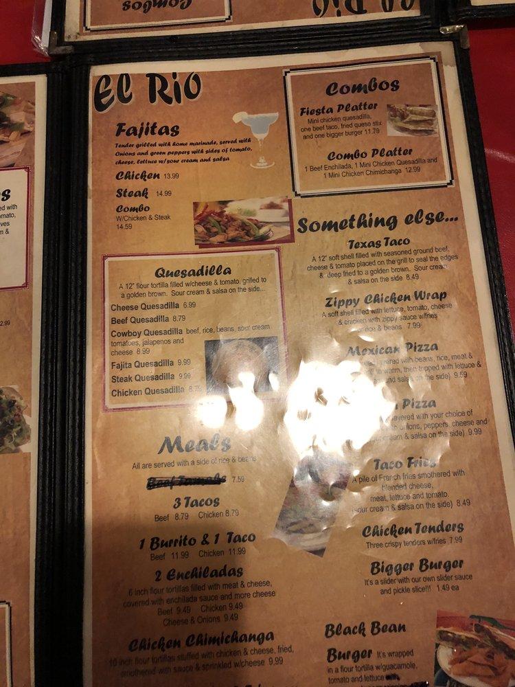 Menu at El Rio restaurant, Pigeon, Pigeon Rd