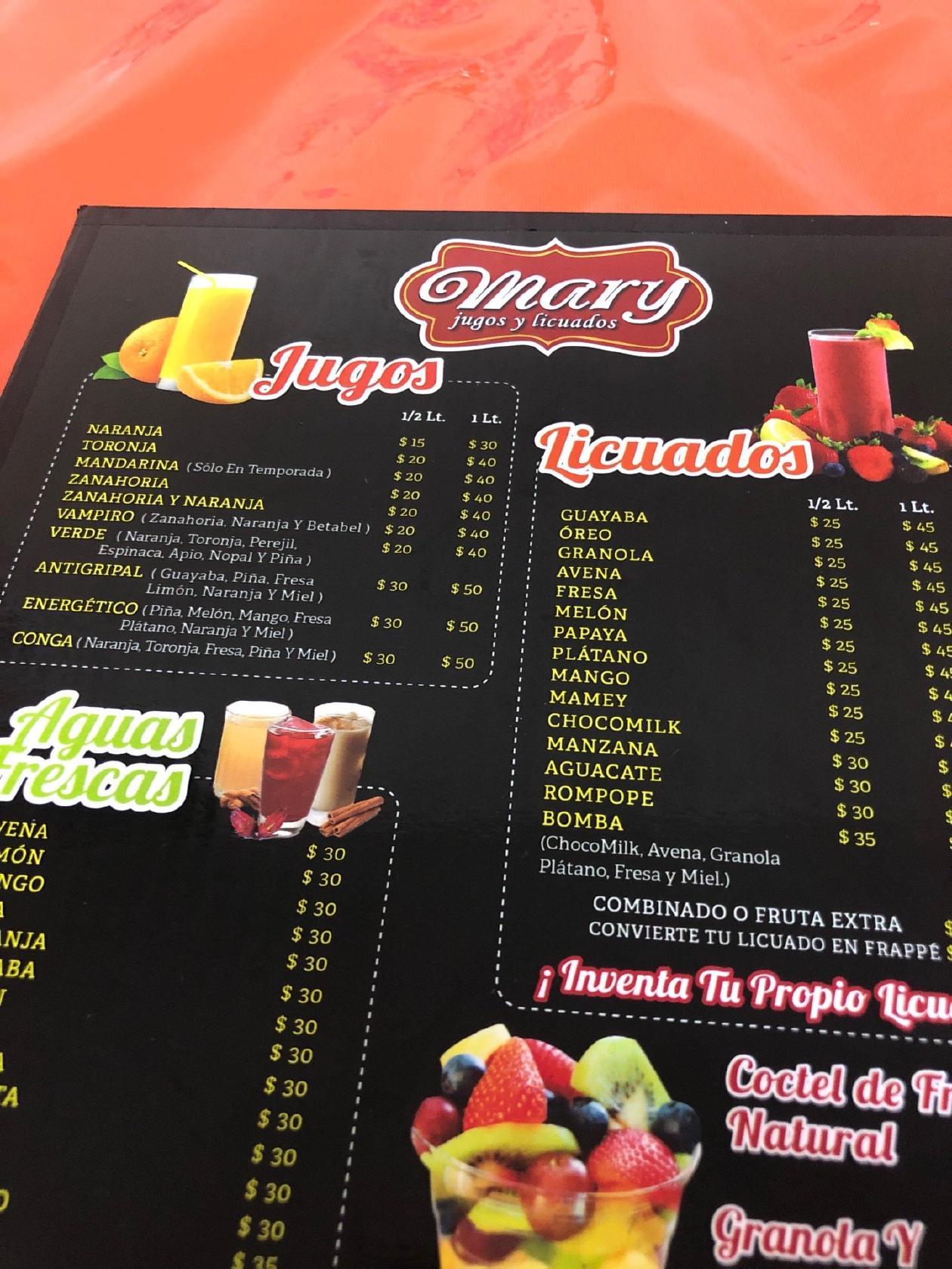 Menu at Jugos y Licuados MARY pub & bar, Cancún, Av. Nichupté Esq ...