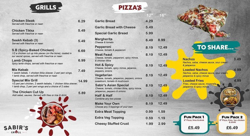 Menu at Sabirs fast food, Rotherham, 36 Westgate