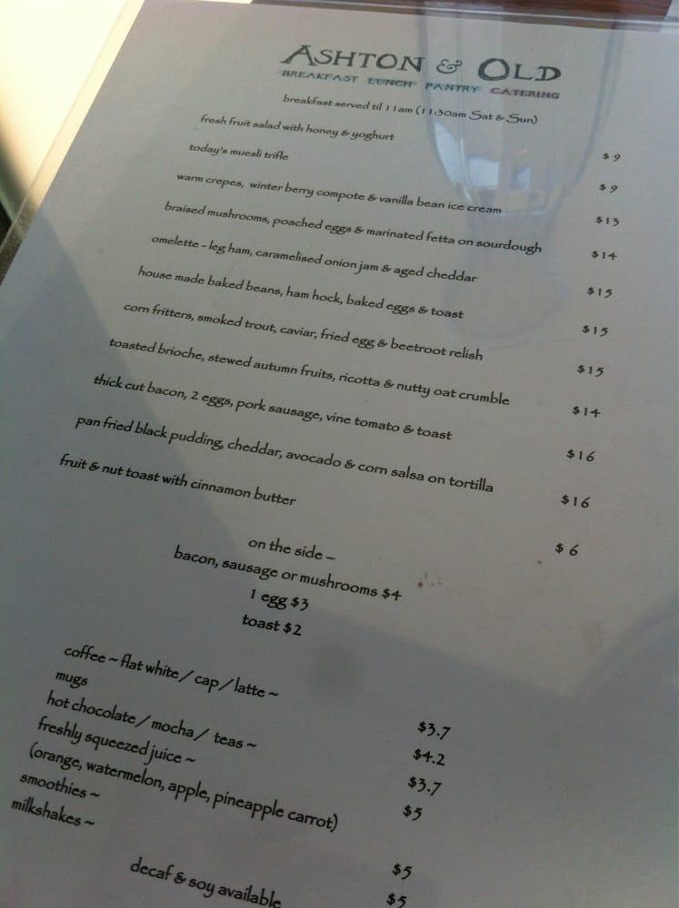 Menu at Ashton & Old cafe, Coorparoo