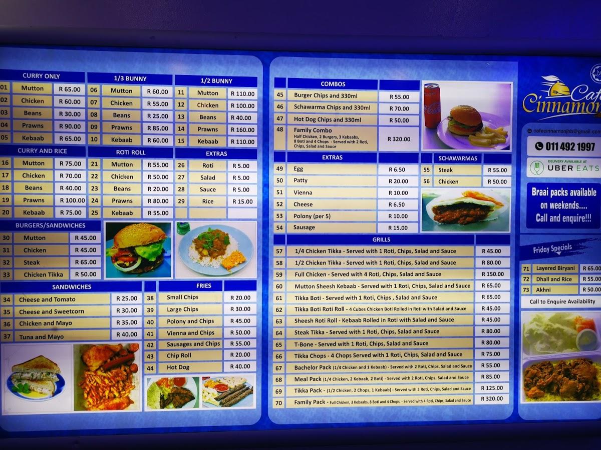 Menu at Cafe Cinnamon, Johannesburg