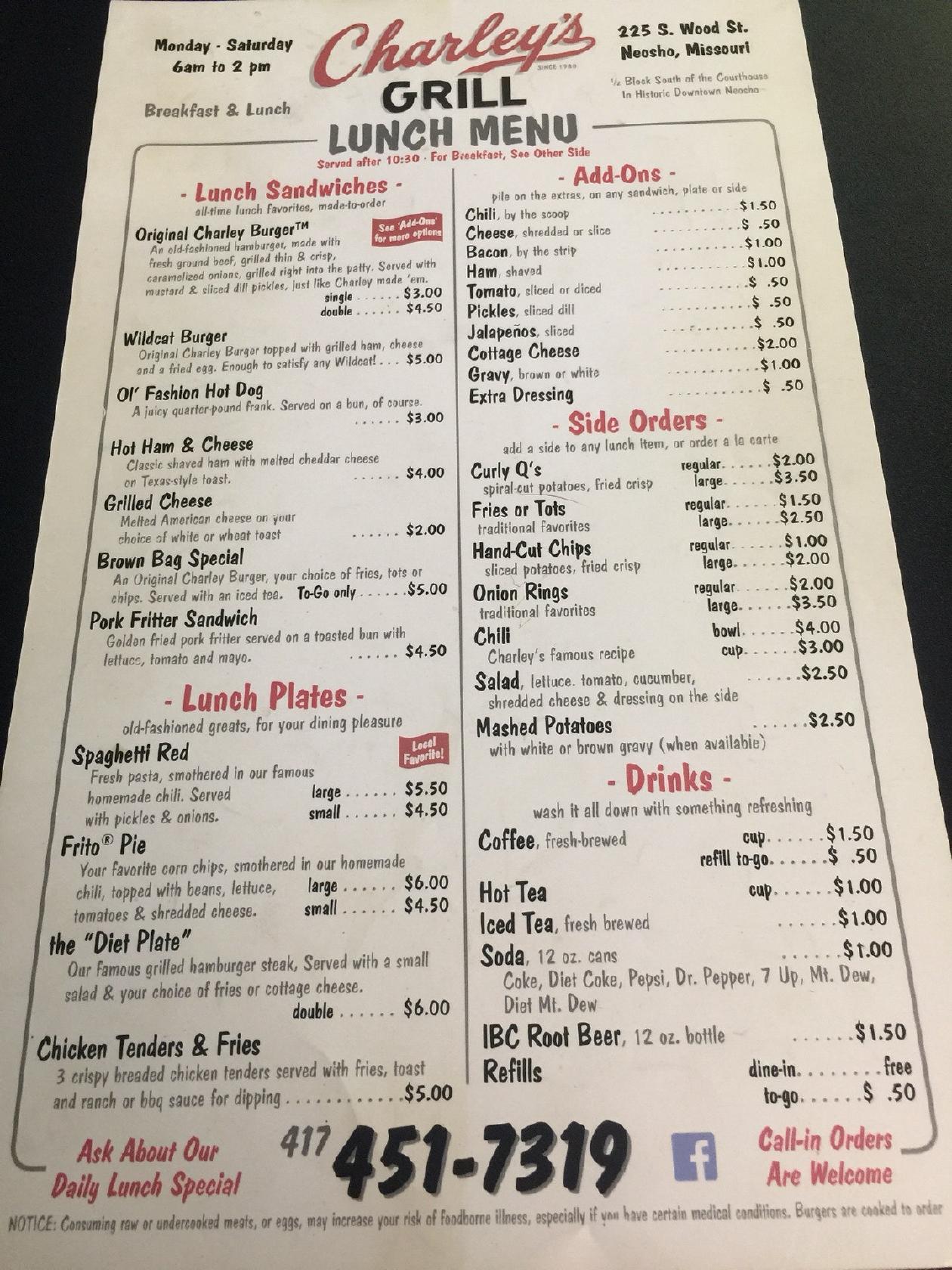 Menu at Charley's Grill restaurant, Neosho