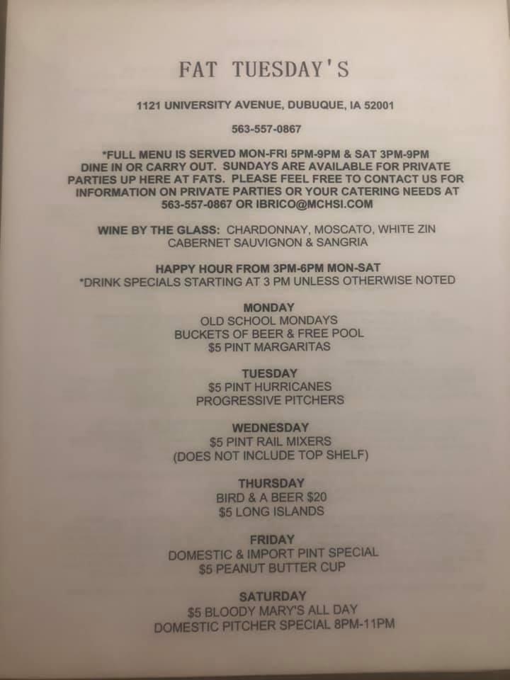 Menu at Fat Tuesday's pub & bar, Dubuque