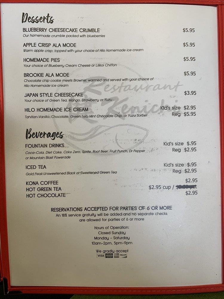 Carta de Kenichi Restaurant, Hilo, 684 Kilauea Ave