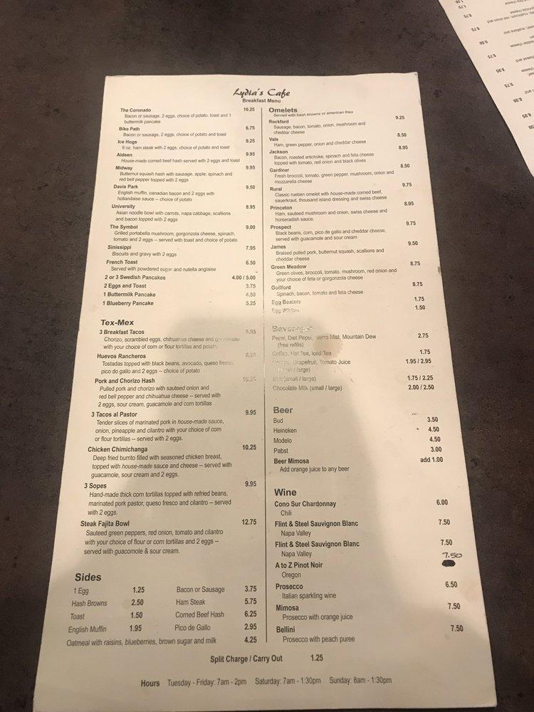 Menu at Lydia's Cafe, Rockford