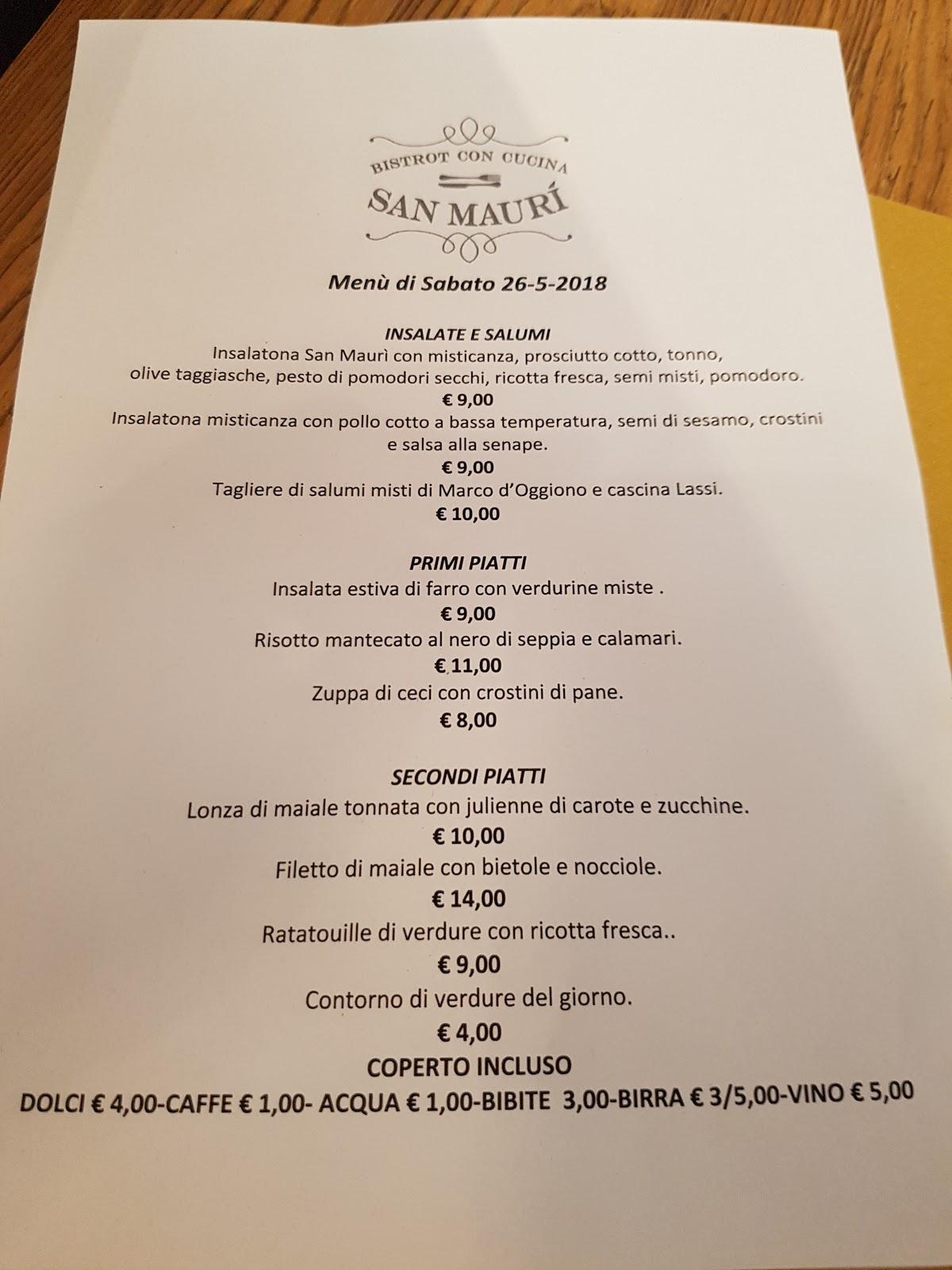 Menu at San Maurì restaurant, Milan