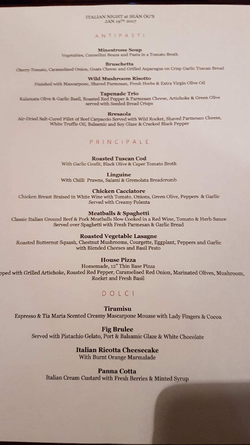 Menu at Sean Óg Bar & Restaurant, Derrybeg, Árd Na gCeapairí
