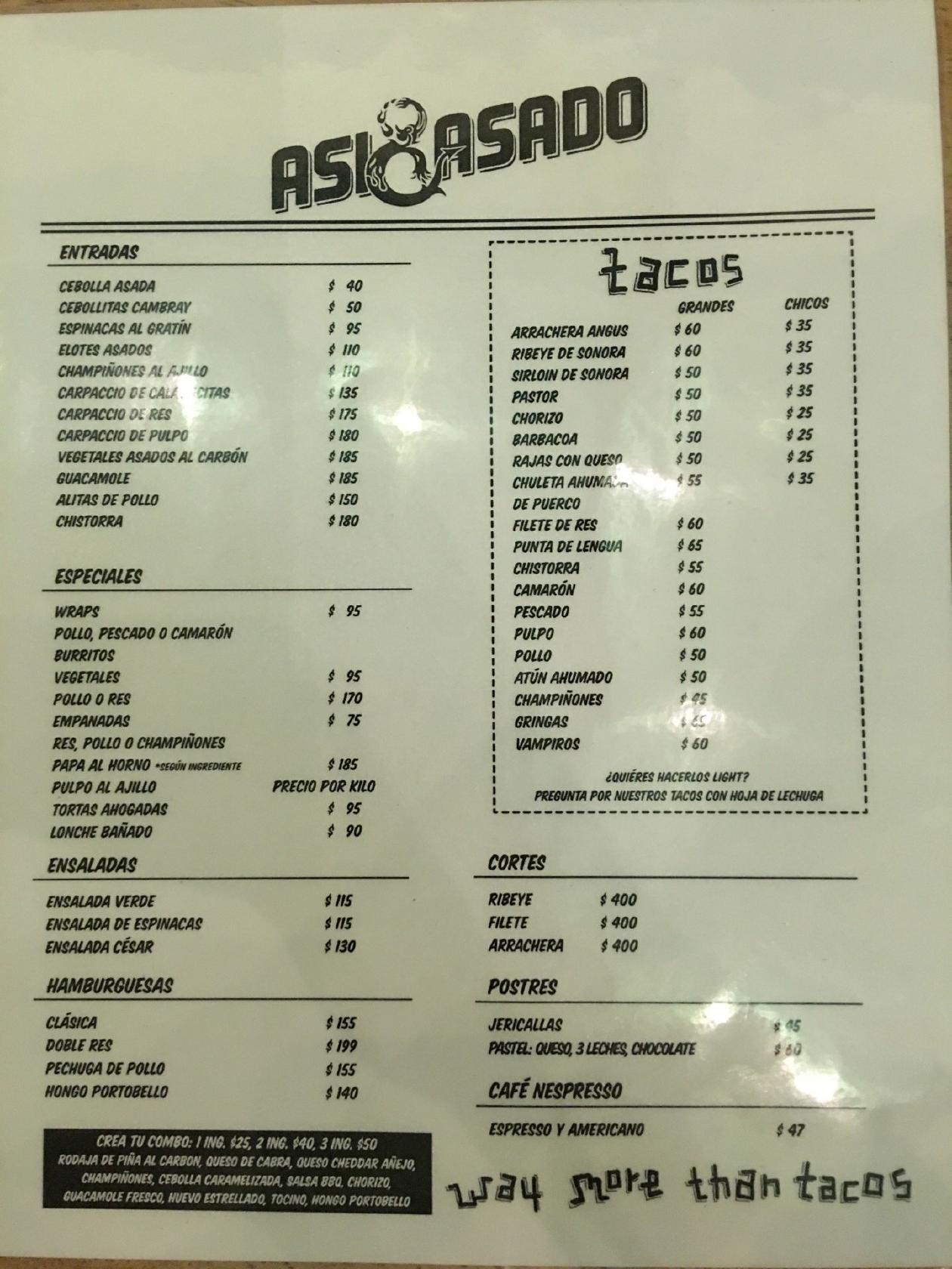 Menu at Asi & Asado restaurant, Cabo San Lucas