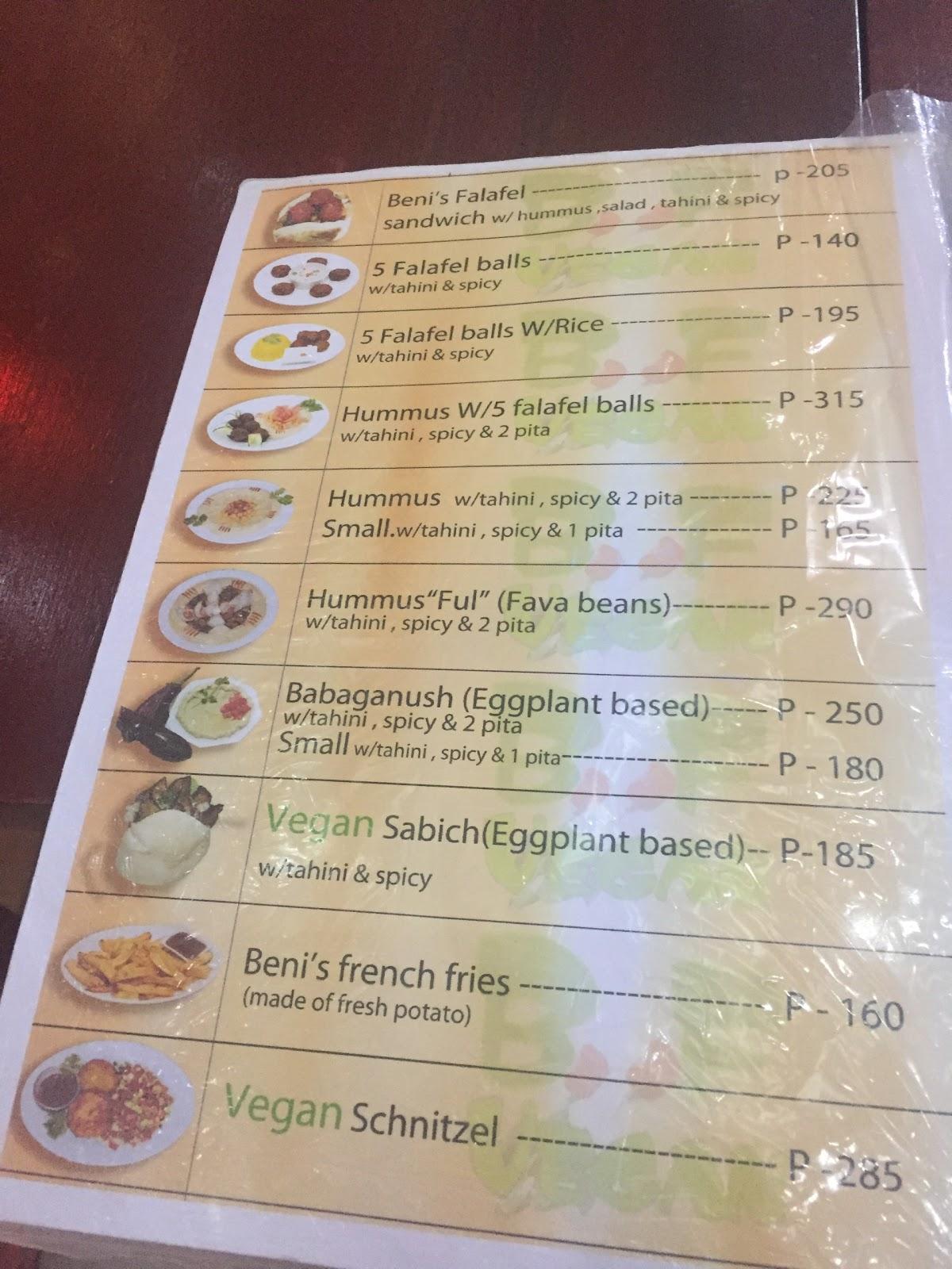 Menu at Beni's Falafel restaurant, Makati, H28H+7FW