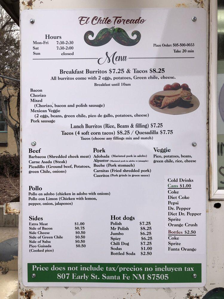 Menu at El Chile Toreado fast food, Santa Fe