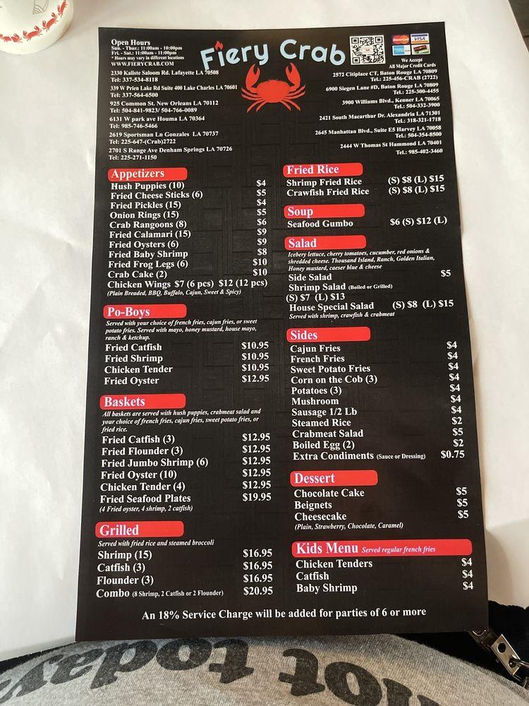 Carta de Fiery Crab Seafood Restaurant And Bar - Siegen Lane, Baton ...