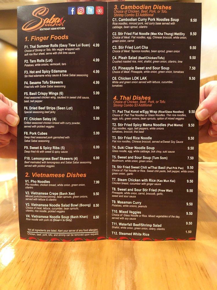 Menu at Sabai Thai Restaurant, Grapevine