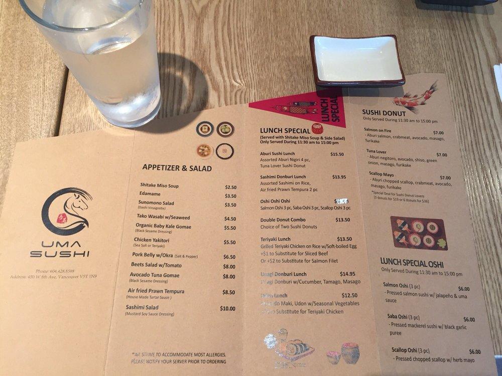 Menu at Uma Sushi restaurant, Vancouver