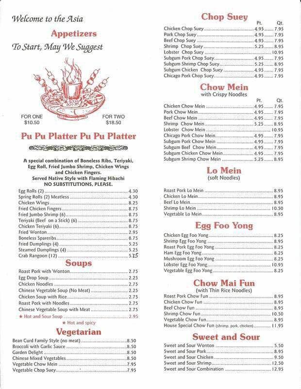 Menu at Asia Chinese Restaurant, South Portland, 50 Market St