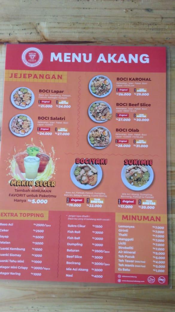 Menu at Baso Aci Akang Rempoa restaurant, South Jakarta