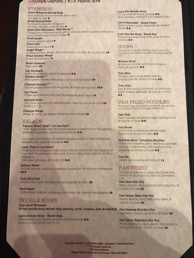 Menu at Champa Garden Restaurant, San Francisco, 613 Faxon Ave