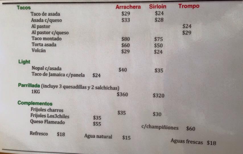 Menu at Los 3 chiles restaurant, Monterrey
