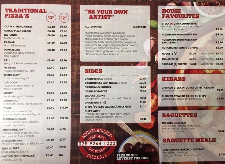 Menu at Michelangelo Pizzeria, Lisburn