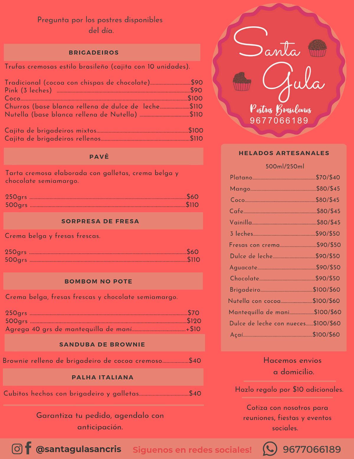 Carta del postres Santa Gula, San Cristóbal del las Casas
