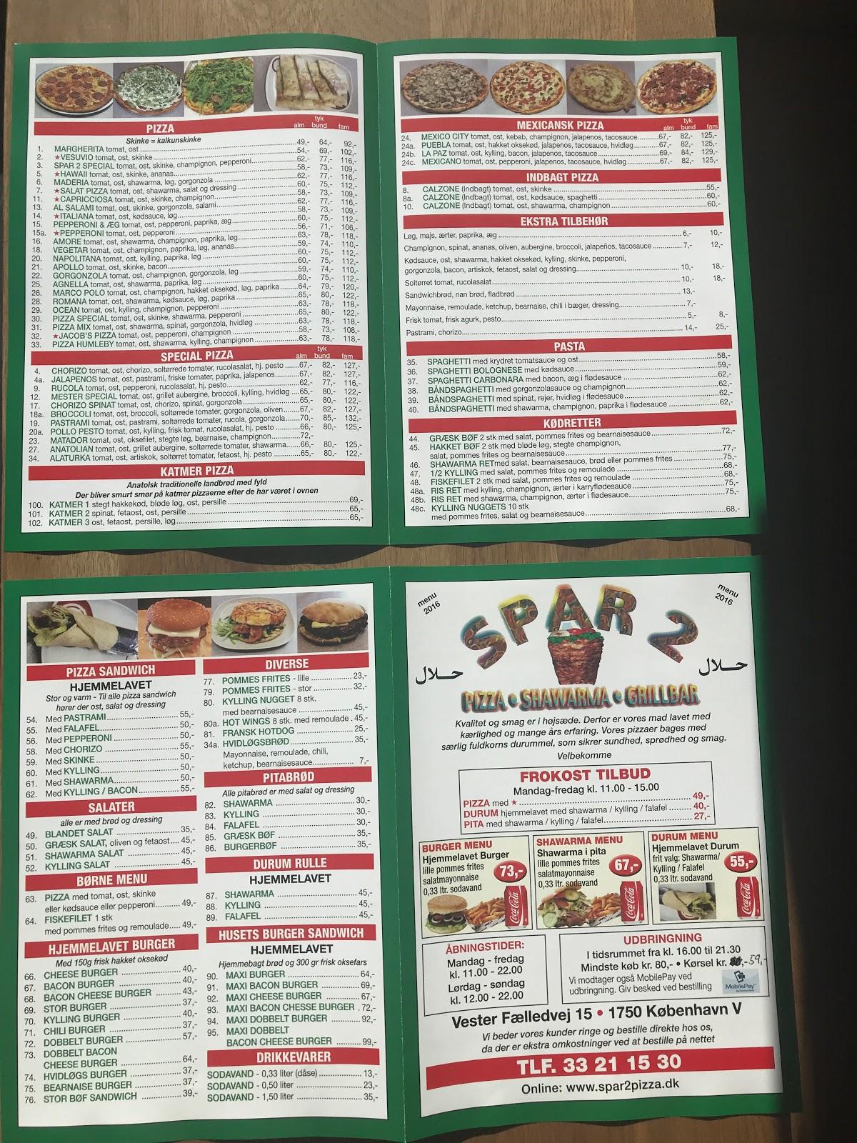 Menu at Spar 2 Pizza og Grillbar, Copenhagen