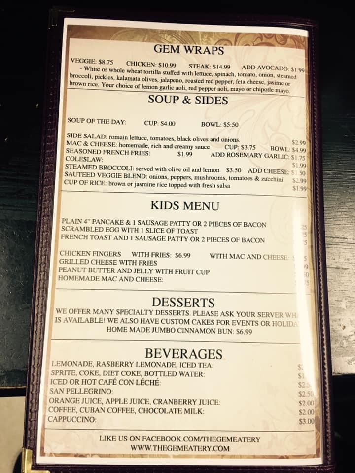Menu at The Gem Eatery restaurant, Margate