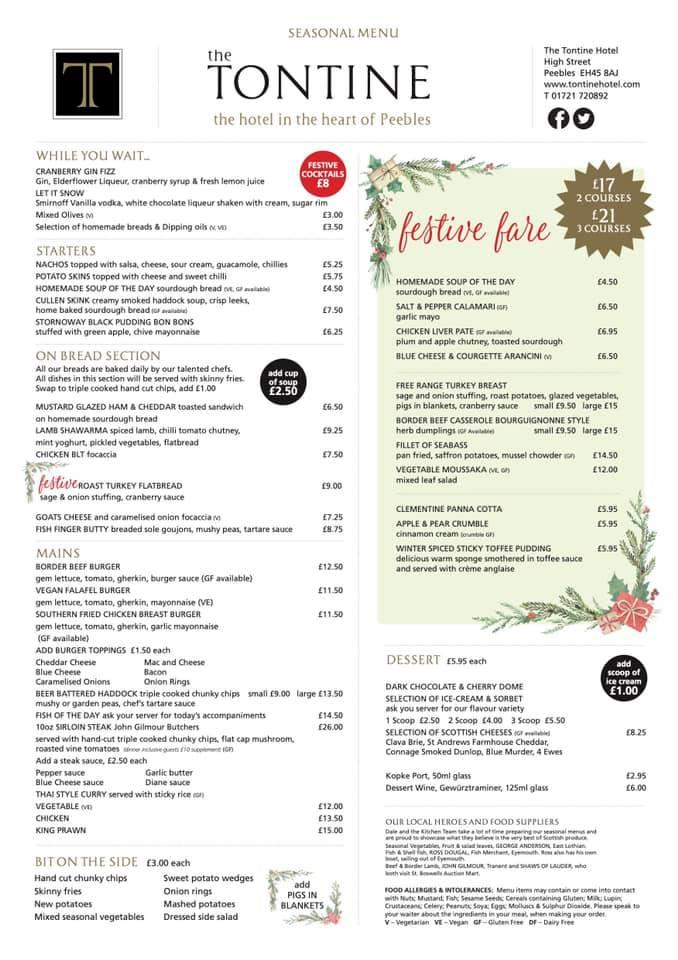 Menu at The Tontine Hotel restaurant, Peebles
