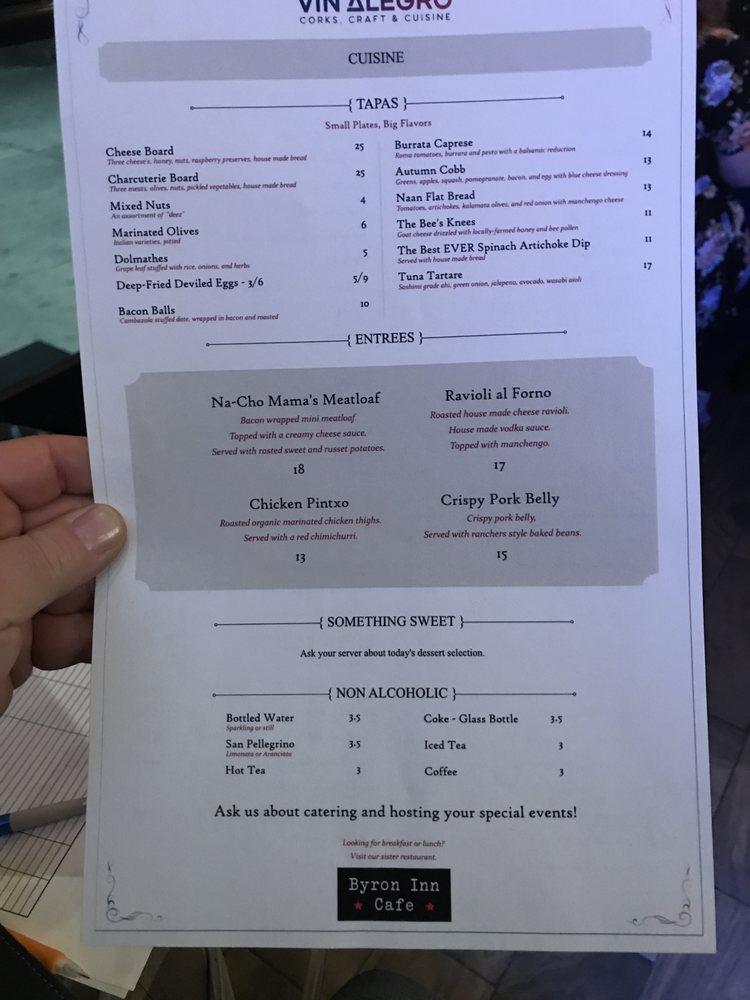 Menu at Vin Alegro restaurant, Discovery Bay