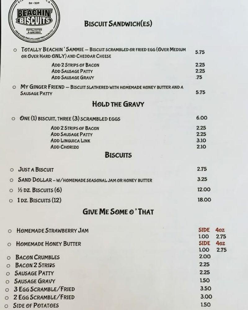 Menu at Beachin’ Biscuits restaurant, Pismo Beach