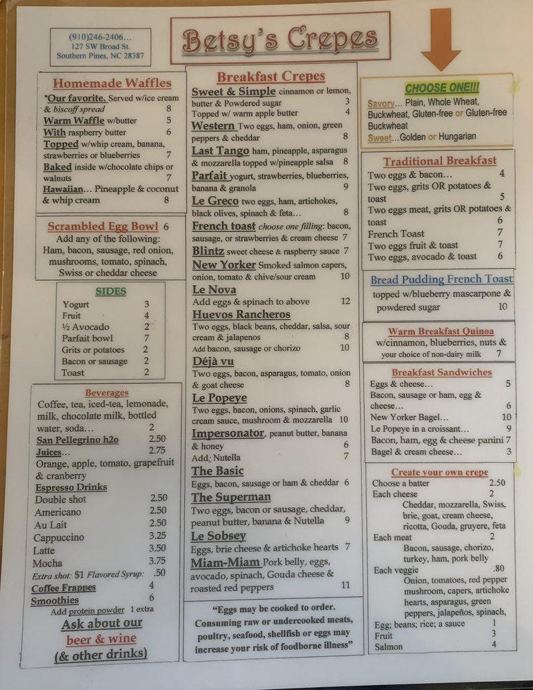 Menu at Betsy's Crepes restaurant, Southern Pines
