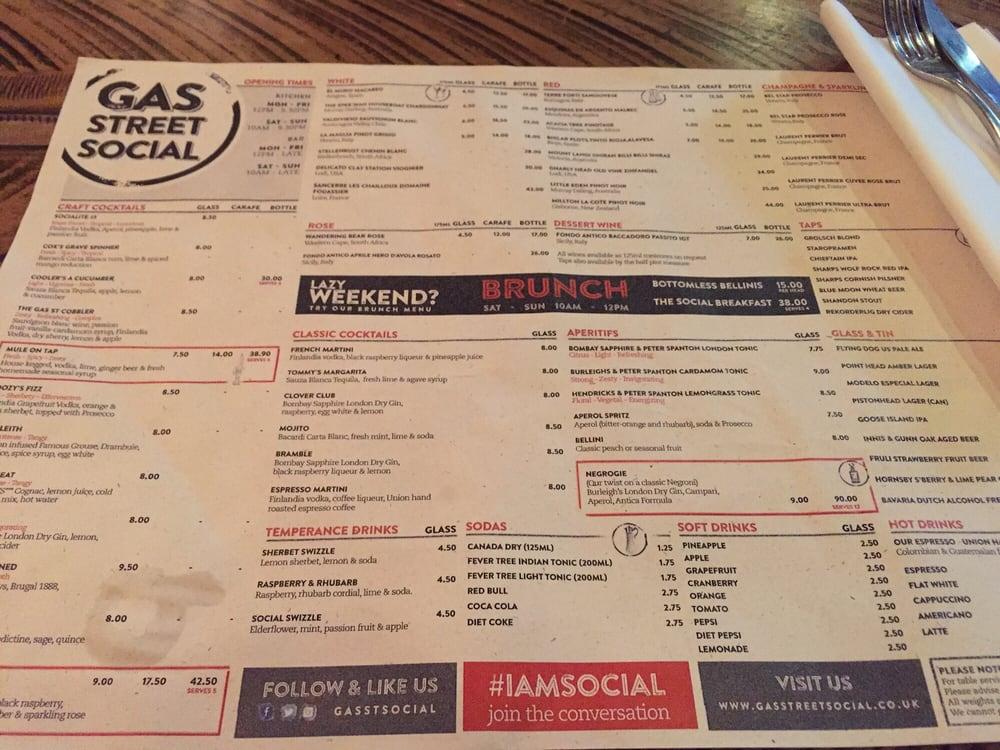 Menu at Gas Street Social pub & bar, Birmingham