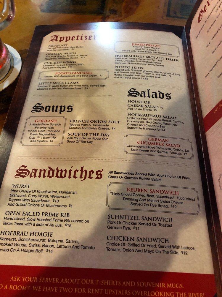 Menu at Hofbrauhaus Restaurant, Helen