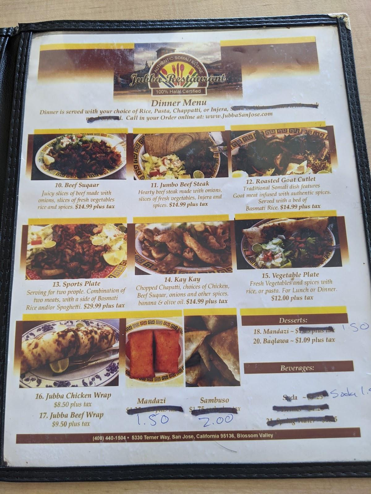 Menu at Jubba Somali Restaurant, San Jose