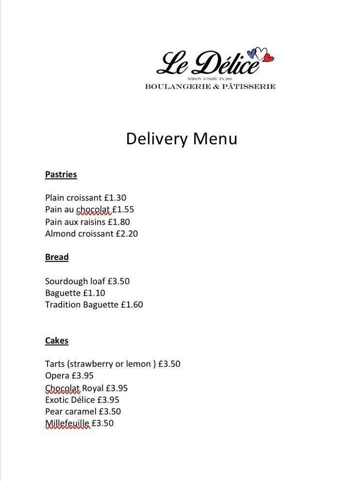 Menu at Le Delice cafe, London, 38 Ladywell Rd