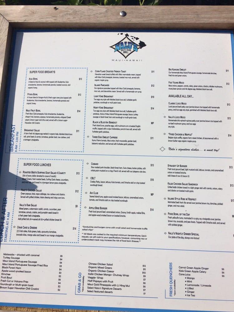 Menu at Nalu's South Shore Grill pub & bar, Kihei