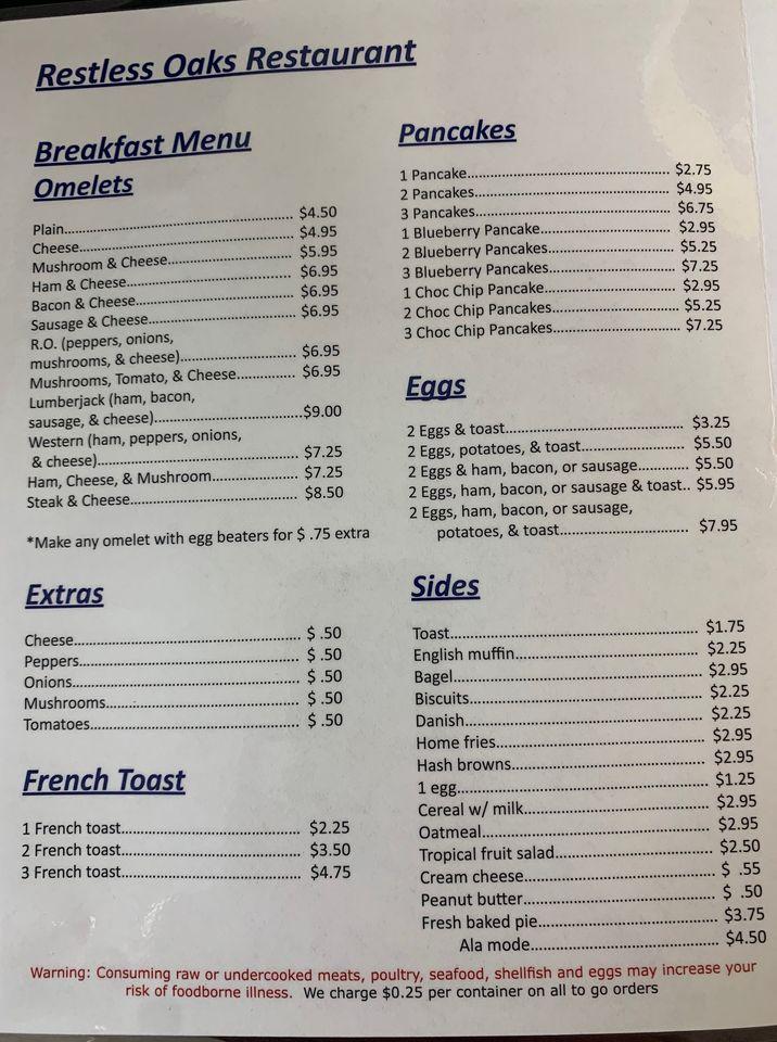 Menu at Restless Oaks Restaurant, McElhattan, 119 Pine Mountain Rd