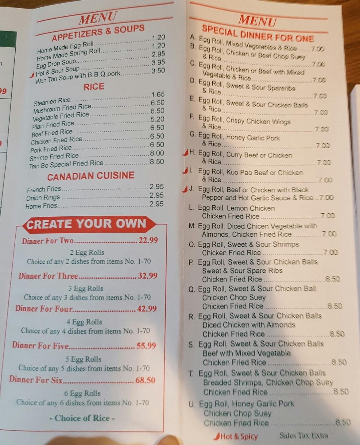 Menu at Tein Bo Restaurant, Owen Sound